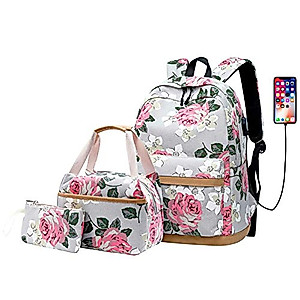 Qomalaya Canvas School Backpack Teens Backpack School Bag Backpack for School Book Bag set (Floral-grey)