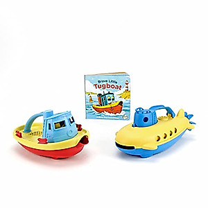 Green Toys Tugboat Blue, Submarine Blue and Tug Board Book Bundle