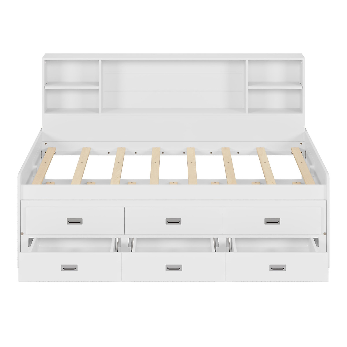 SOFTSEA Twin Size Daybed with Storage and Trundle, Twin Captain Bed with Bookcase Headboard and 3 Drawers, Wooden Daybed with Storage and Trundle Bed for Kids Teens Guests, White