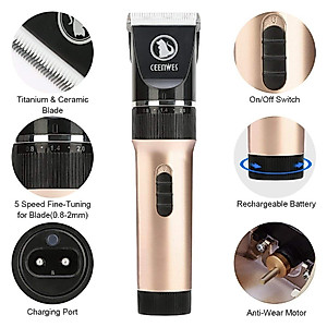 CEENWES Pet Clippers (Upgrade Version) Low Noise Professional Dog Clippers Rechargeable Cordless Pet Clipper Trimmers Pet Hair Grooming Kit for Cats Dogs and Other Animals
