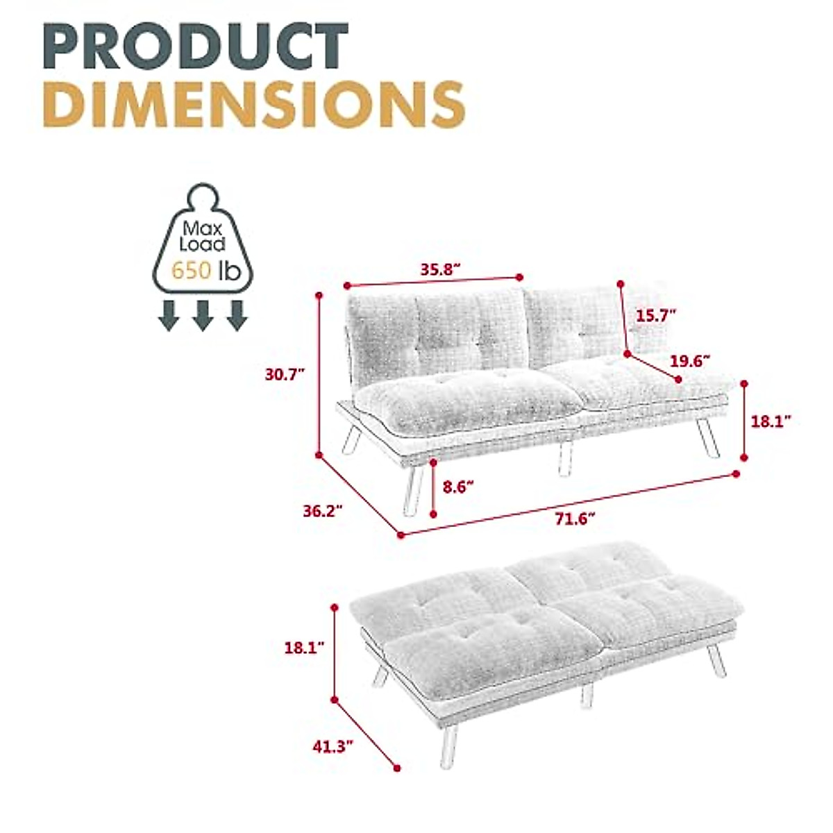 71'' Loveseat Sofa Couch for Living Room, Modern Adjustable Sofa W/Metal Leg, Breathable Upholstered Adjustable Lounge Couch 2-Seater Love Seats Couch for Bedroom, Apartment, Home Office (White)