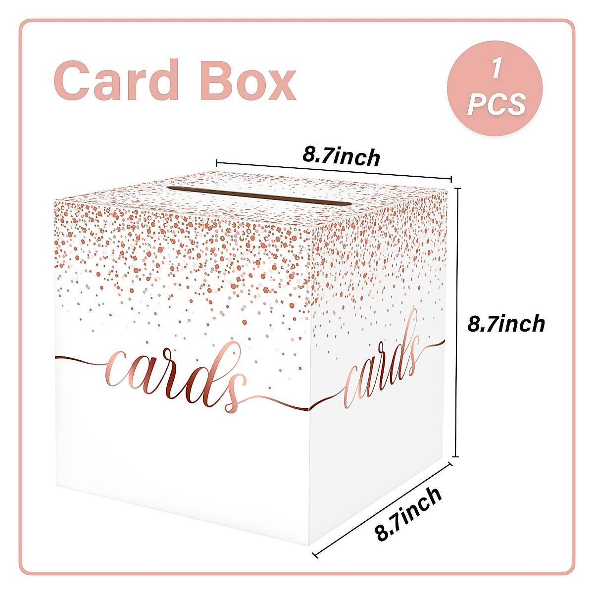 LIKAJON 1 Pack White and Rose Gold Card Box for Party, 8.7" White Gift Card Box Money Box for Birthday, Wedding, Baby Shower, Retirement, Anniversary, Bridal Shower, Raffle Ticket