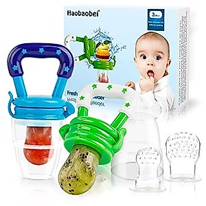 Baby Food Feeder/Fruit Feeder Pacifier (2 Pack) - HAOBAOBEI Infant Teething Toy Teether in Appetite Stimulating Colors, Bonus Includes 3 Sizes Silicone Pouches