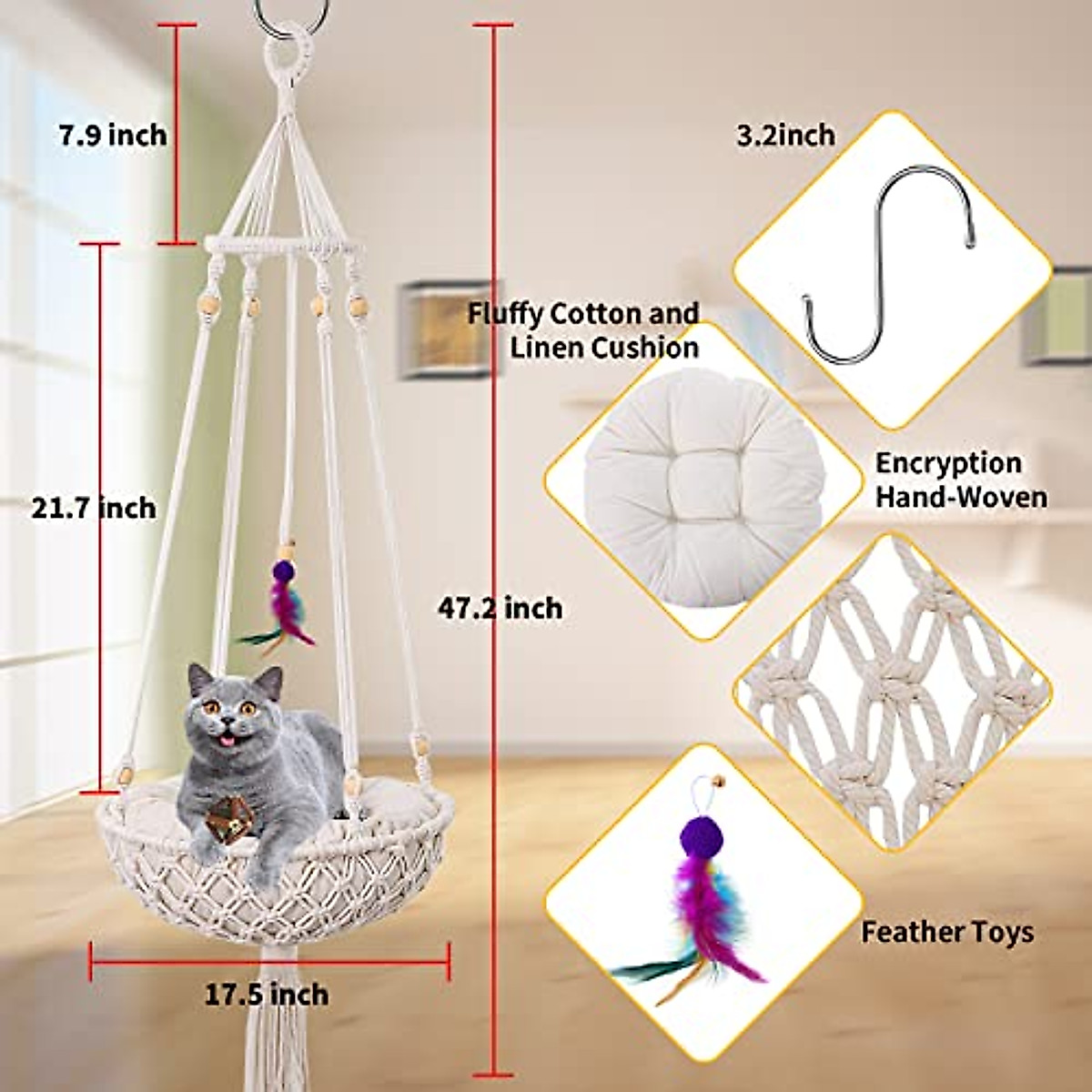 Cat Hammock, Handwoven Hanging Cat Bed Cat Window Perch Wall Hanging Cat Hammock Bed Cat Swing with Hanging Kit for Kitten Sleeping