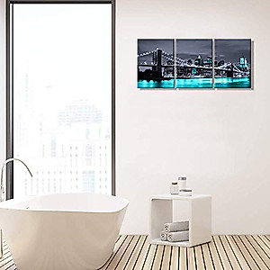 Visual Art Decor Black White and Teal Blue New York Brooklyn Bridge Cityscape Night Building Skyline Picture Canvas Prints Wall Art for Modern Home Office Bedroom Decoration