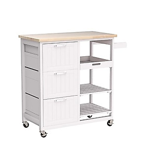 NSdirect Kitchen Island Cart,Industrial Kitchen Bar&Serving Cart Rolling on Wheels Utility Storage Trolley with 3-Tier Wine Rack Shelves&Three Storage Drawers,Soild Rubber Wood Top,White