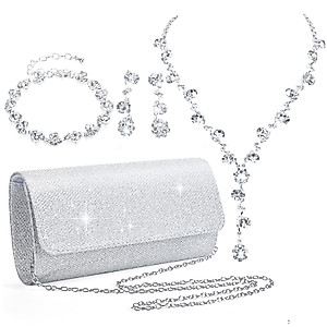 Meanplan 4 Pcs Silver Clutch Purse Jewelry Set for Women Evening Rhinestone Purse Silver Accessories for Women Bride Wedding Jewelry (Elegant Style)