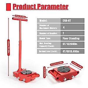 TFCFL 4pcs Machinery Mover with 2 Steering Handle 6T Machinery Moving Skate 13200lbs Machinery Skate Dolly w/ 360°Rotation Disc & 4 Rollers Machinery Skate Heavy Duty Industrial Moving Equipment, Red