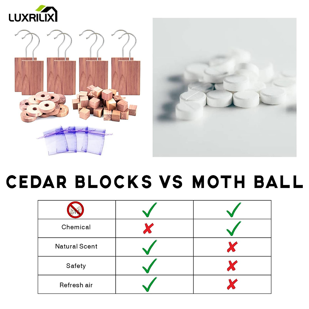 Cedar Blocks for Clothes Storage 100% Natural Cedar Balls and Cedar Chips for Storage Accessories Closet and Drawers 56-Piece Set (Free Hooks Gauze Bag Sandpaper)