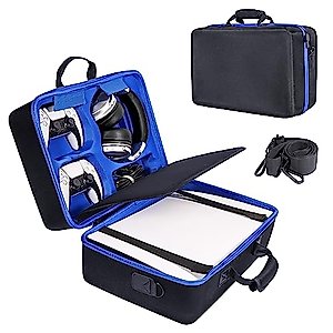 ZORETCO Carrying Case Compatible with PS5,Hard-Shell Travel Bag Holds PlayStation 5 Console,Wireless DualSense Controllers,Base,Games and Accessories (Black Blue)