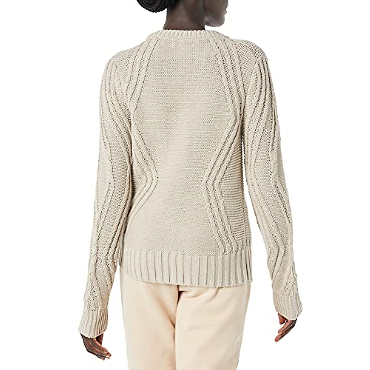 Amazon Essentials Women's 100% Cotton Crewneck Cable Sweater, Beige, Small