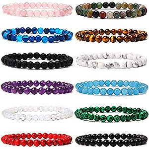 Jewdreamer 12PCS 6mm Gemstones Bracelets for Women Semi Precious Healing Crystal Stone Stretch Round Beaded Bracelet Handmade Energy Bracelets adjustable