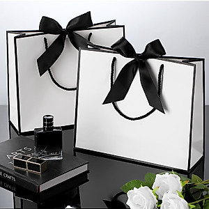 Silkfly 12 Pcs Thank You Gift Bags with Handles 11.8 x 10 x 4'' Paper Bag with Bow Ribbon Gift Wrap Bags for Wedding Bridesmaid Party Baby Shower Birthday Housewarming Gifts(White, Black)