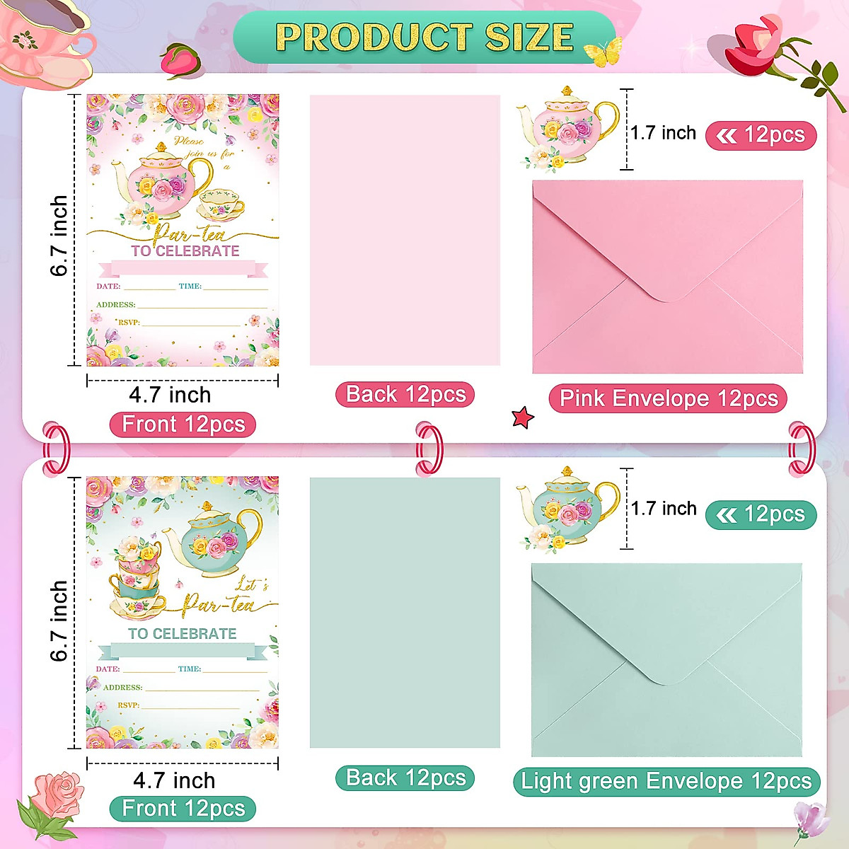 24 Pcs Tea Party Invitation Cards With Envelopes And Stickers, Little Girl Garden Tea Cup Time Bridal or Baby Shower Invite, High Tea Themed Ladies Event Ideas, Printed or Fill in The Blank Card