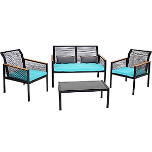 Sunnydaze Coachford 4-Piece Patio Conversation Furniture Set - 1 Loveseat, 2 Chairs and 1 Coffee Table - Thick Blue Cushions