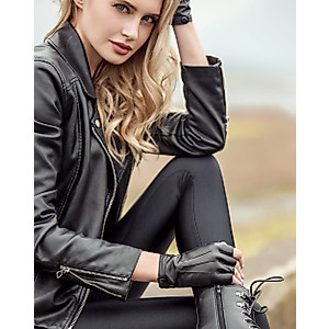 YISEVEN Women's Classic Sheepskin Leather Fingerless Gloves Lined Classic Soft Sheepskin 1/2 Half Finger Button Punk Motorcycle Cycling Fitness Touchscreen Warm Winter Gift, Black 7.5"/Large