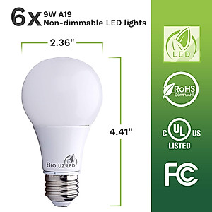 Bioluz LED 60 Watt LED Light Bulbs 4000K Cool White 9 Watts = 60W Non-Dimmable A19 LED Light Bulbs 6 Pack
