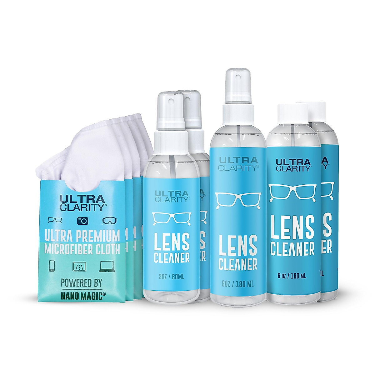 Ultra Clarity Powered by Nano Magic Eyeglass Lens Cleaning Spray 22oz Value Pack | 2 2oz Sprays, 6oz Spray, 2 6oz Refills, 5 Microfiber Cloths | Ideal for Glasses, Phone, Screens, Coated Surfaces