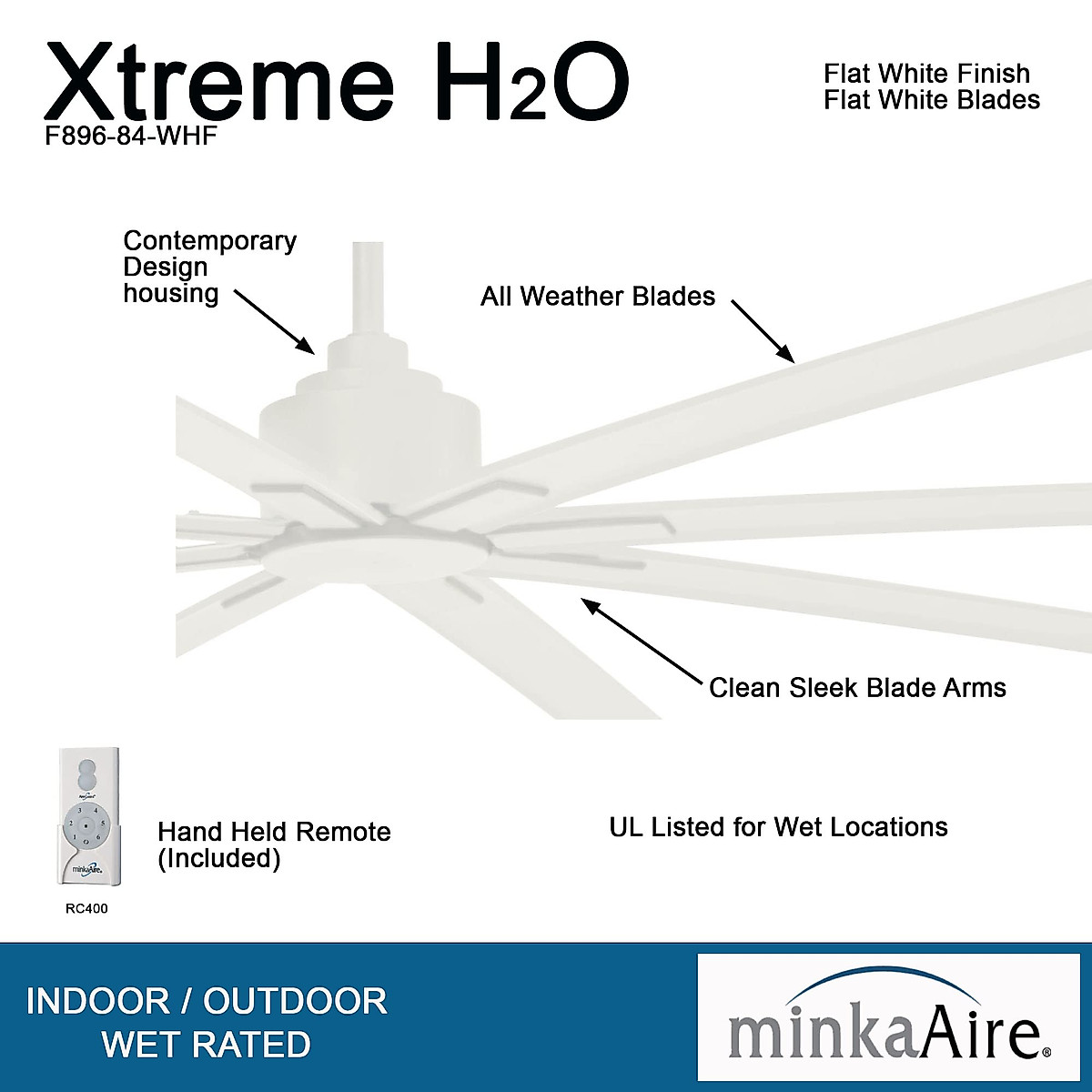 MINKA-AIRE F896-84-WHF Xtreme H2O 84 Inch Outdoor Ceiling Fan with DC Motor in Flat White Finish