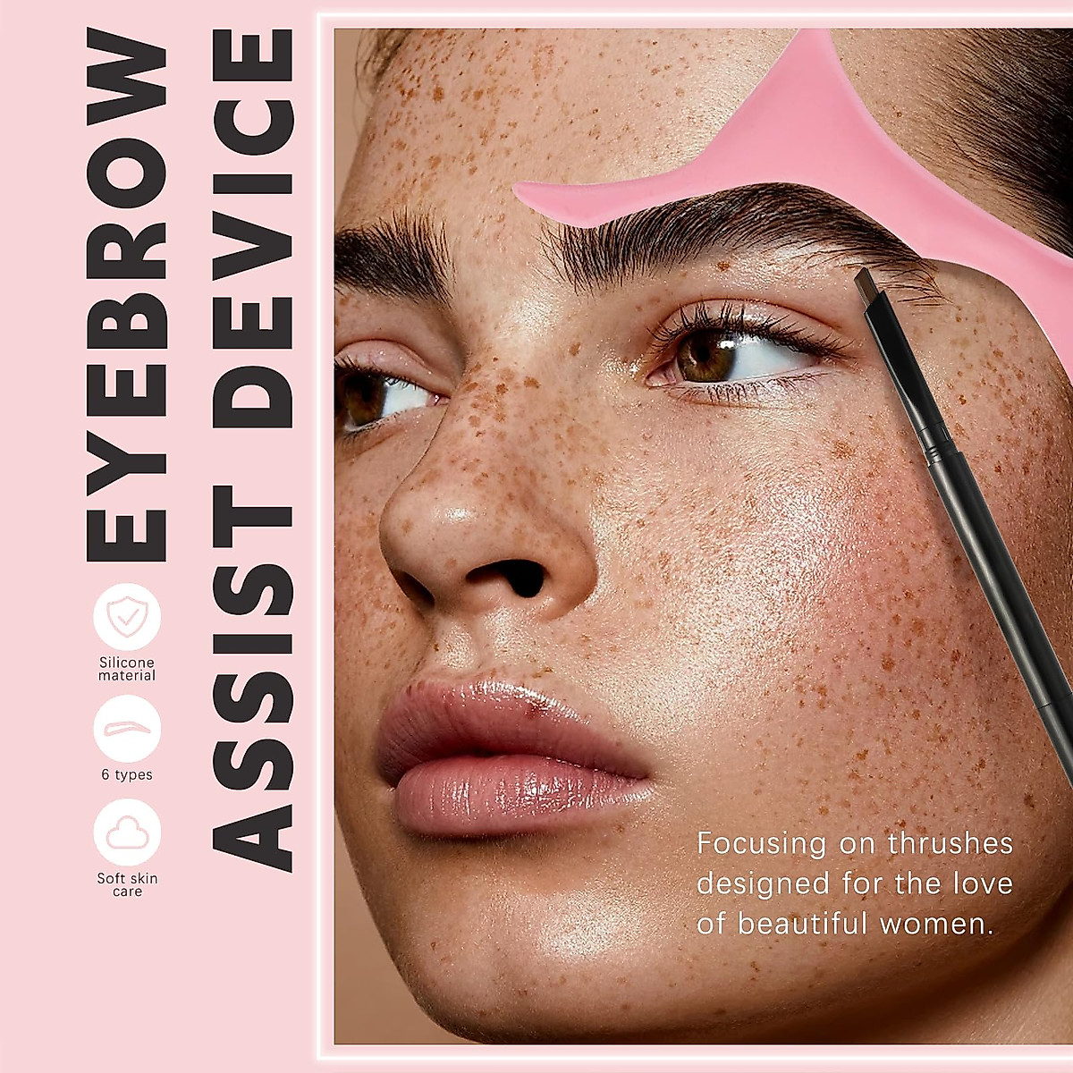 HOSAILY Silicone Eyebrow Stencils, 6 in 1 Reusable Eyebrow Template for Brow Stamp, 6 Eyebrow Shapes Beginners Friendly Eye Makeup Aid Brow Buddy Beauty Ruler, Professional Quick Eye Makeup Tool-Pink