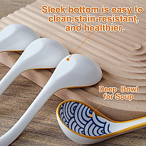 Soup Spoons Set of 6, Soup Dumplings Asian Soup Spoon Set Non-slip Bottom Japanese Spoons for Ramen Chinese Wonton, Dumplings, Pho, Noodle Soup Spoons