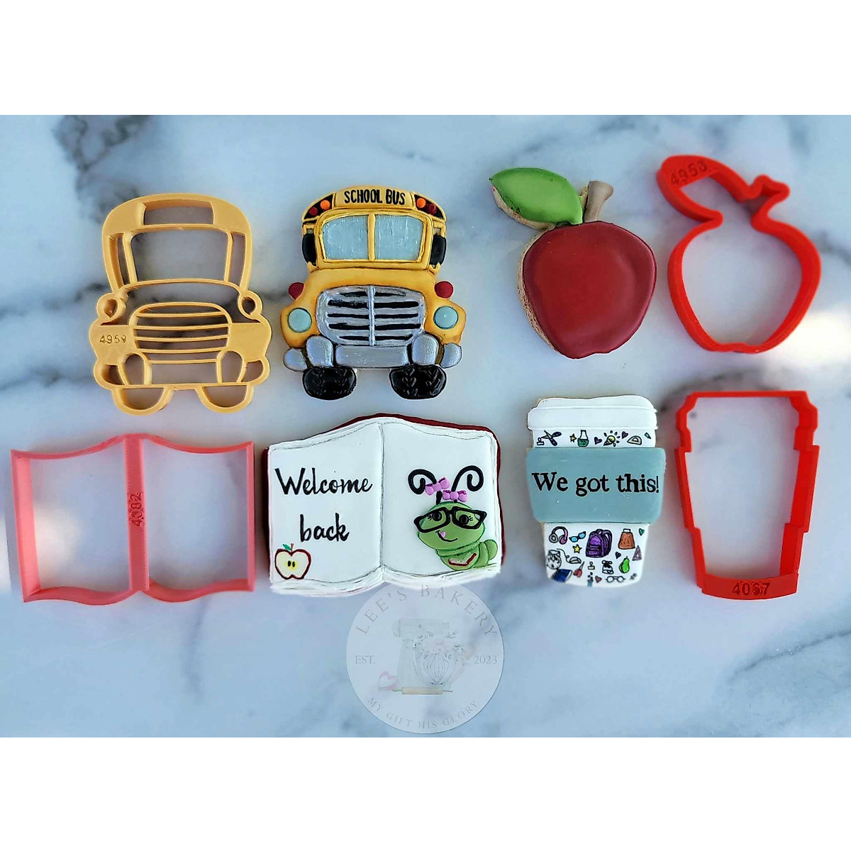 TEACHER COOKIE CUTTERS Education Themed Apple Coffee Latte Mocha Open Textbook Book And School Bus Cookie Cutters For First Day Of School Hundredth Day Teacher Aide Appreciation (4 Pack)