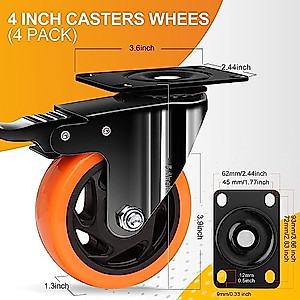 QNCZ 4" Caster Wheels, Outstanding Casters Set of 4 Heavy Duty, Silent Industrial Casters, Locking Casters Wheels for Furniture, Castor Wheels for Cart, Workbench.
