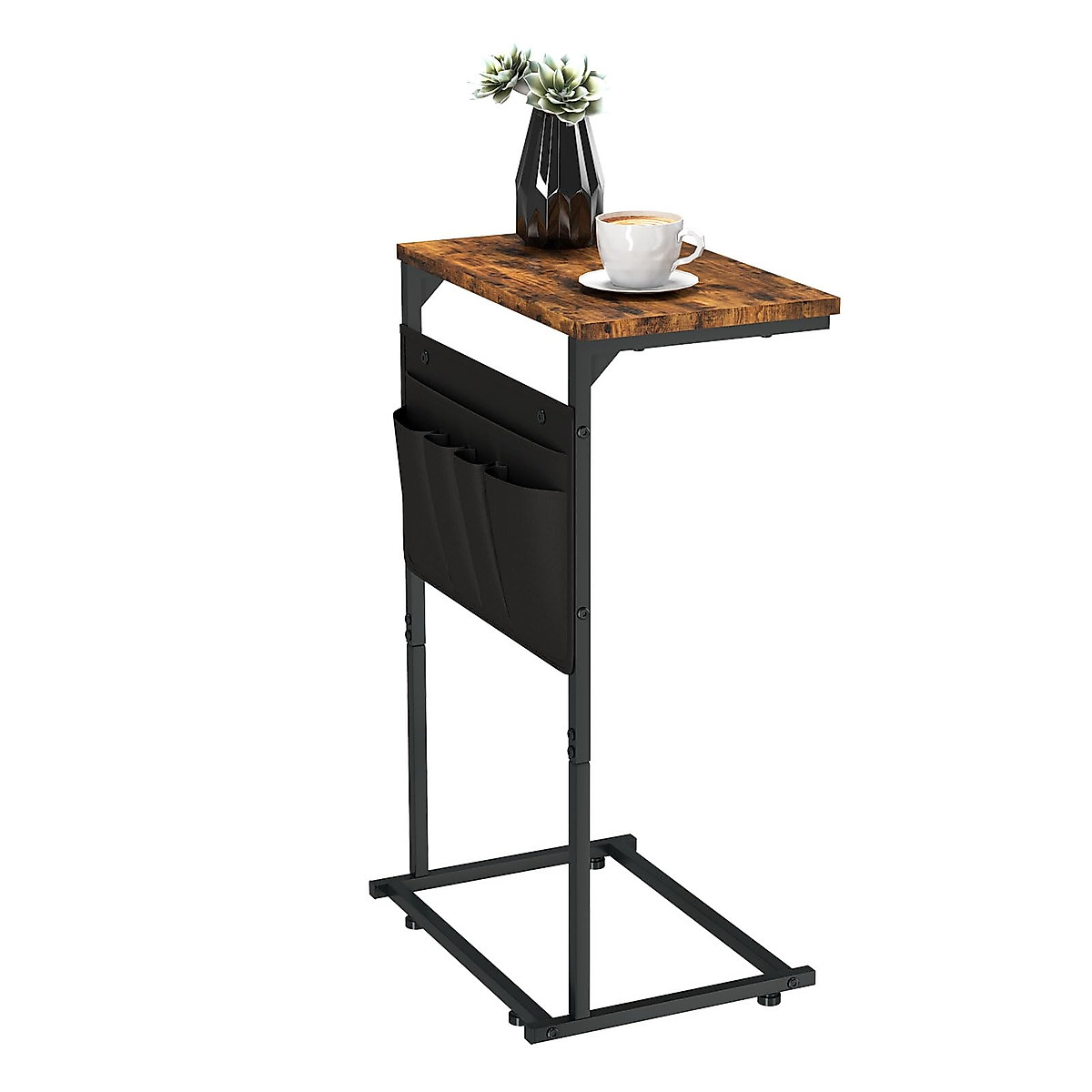 ZERDER C Shaped End Table, Small Side Table with Storage Bag for Couch, Sofa Table with Metal Frame for Living Room and Bedroom Bedside, Rustic Brown ZER-007Br