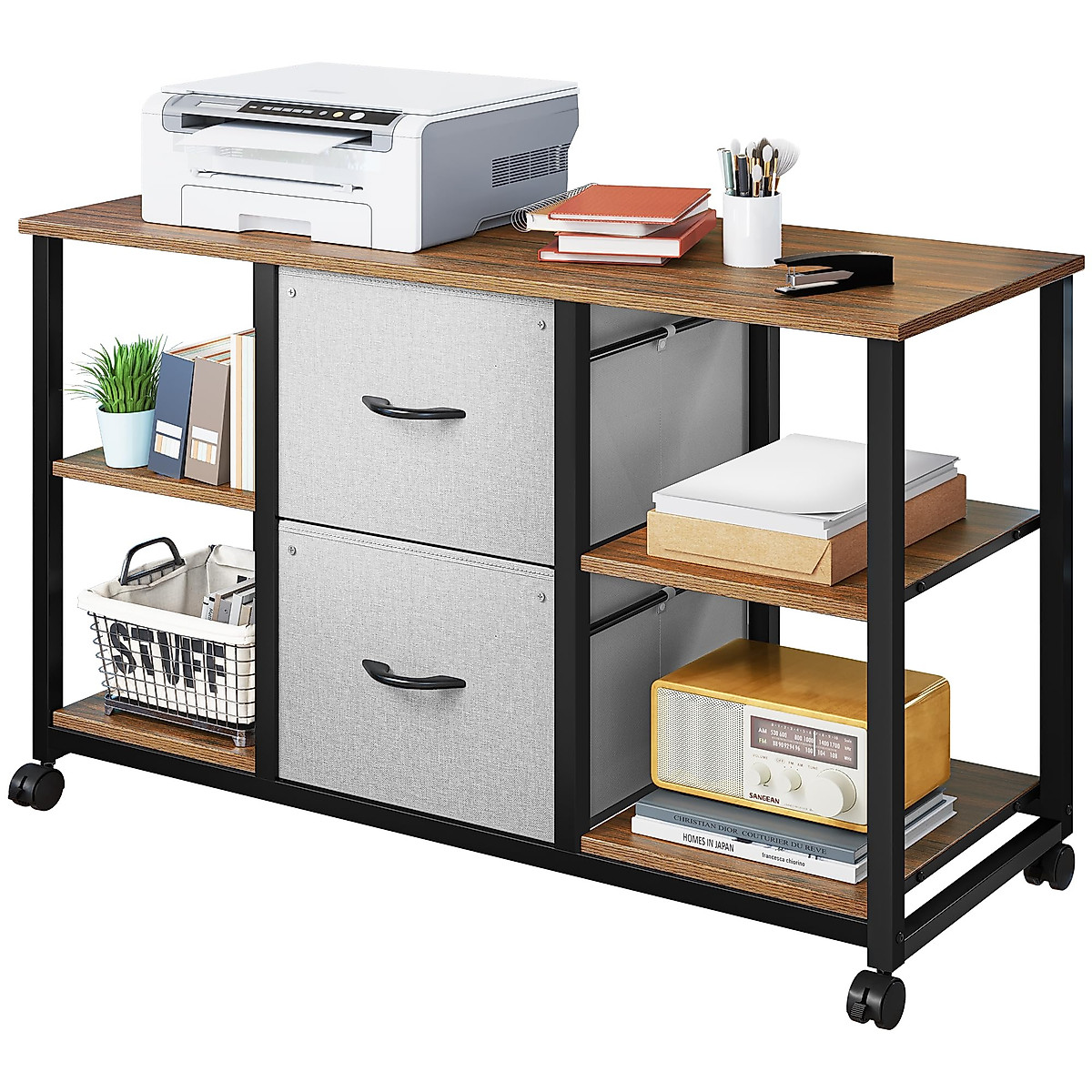 YITAHOME Mobile Lateral File Cabinet, Fabric Mobile Filing Cabinet with 4 Open Storage Shelves, Printer Stand with 2 Drawers for Home Office, Fits A4/Letter Size,Grey & Brown