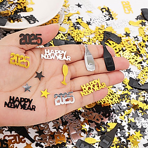 2025 New Year Party Decoration Supplies, New Years Confetti Decoration- Black, Gold, Silver Wine Bottle Glitter Sequins Star Foil Confetti for Happy New Year Eve Decorations Table Scatters