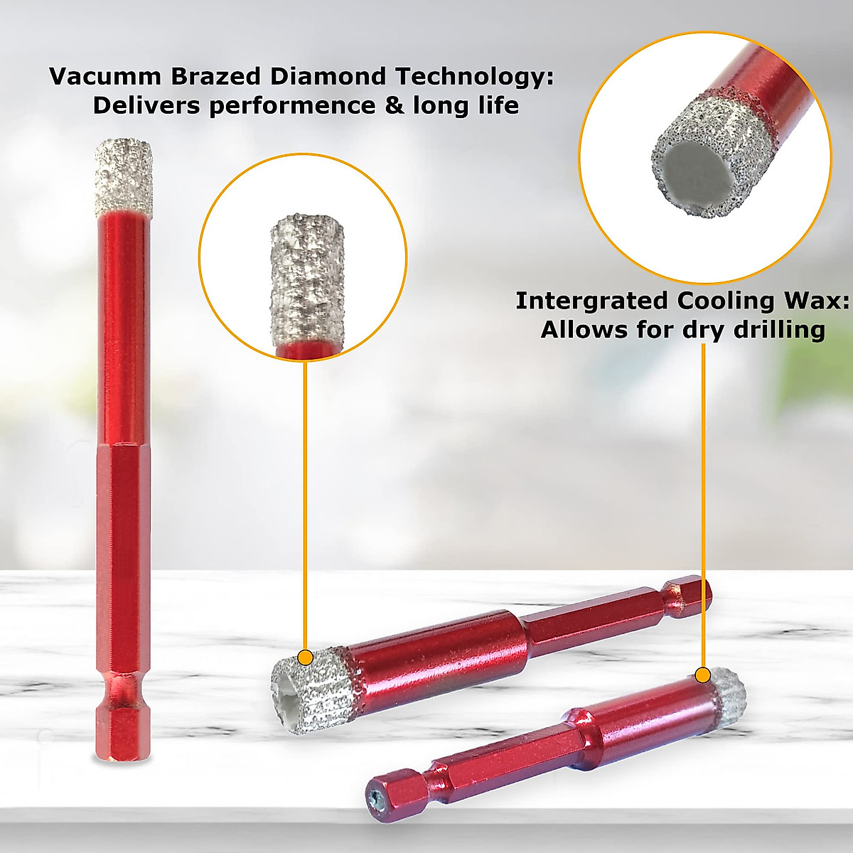 Superior Diamond Tools Dry Diamond Drill Bits - 4pcs - 1/4'' (6mm), 5/16'' (8mm), 3/8'' (10mm), 1/2'' (12mm) - Quick Change Hex Shank - Tile Drill Bits - Ceramic Drill Bit - Porcelain Drill Bits