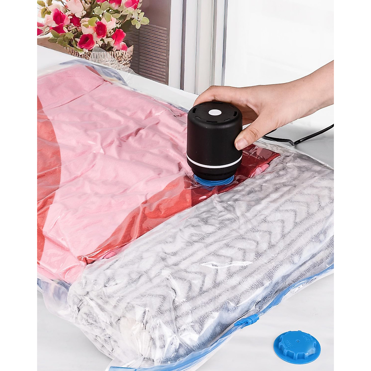 Vacuum Storage Bags 12 Pack Jumbo Vacuum Sealed Bags for Clothing Vacuum Seal Bags Space Saver Bags Compression Bags Vacuum Bags for Travel with 1 Electric Pump