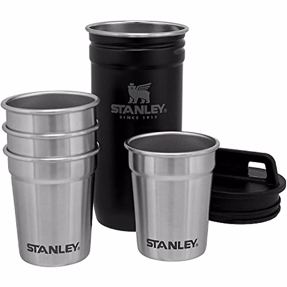 Stanley Stainless Steel Shot Glass And Flask Gift Set, Outdoor Adventure Pack With 4 Metal Shot Glasses, 8oz Whiskey Flask, And Travel Carry Case