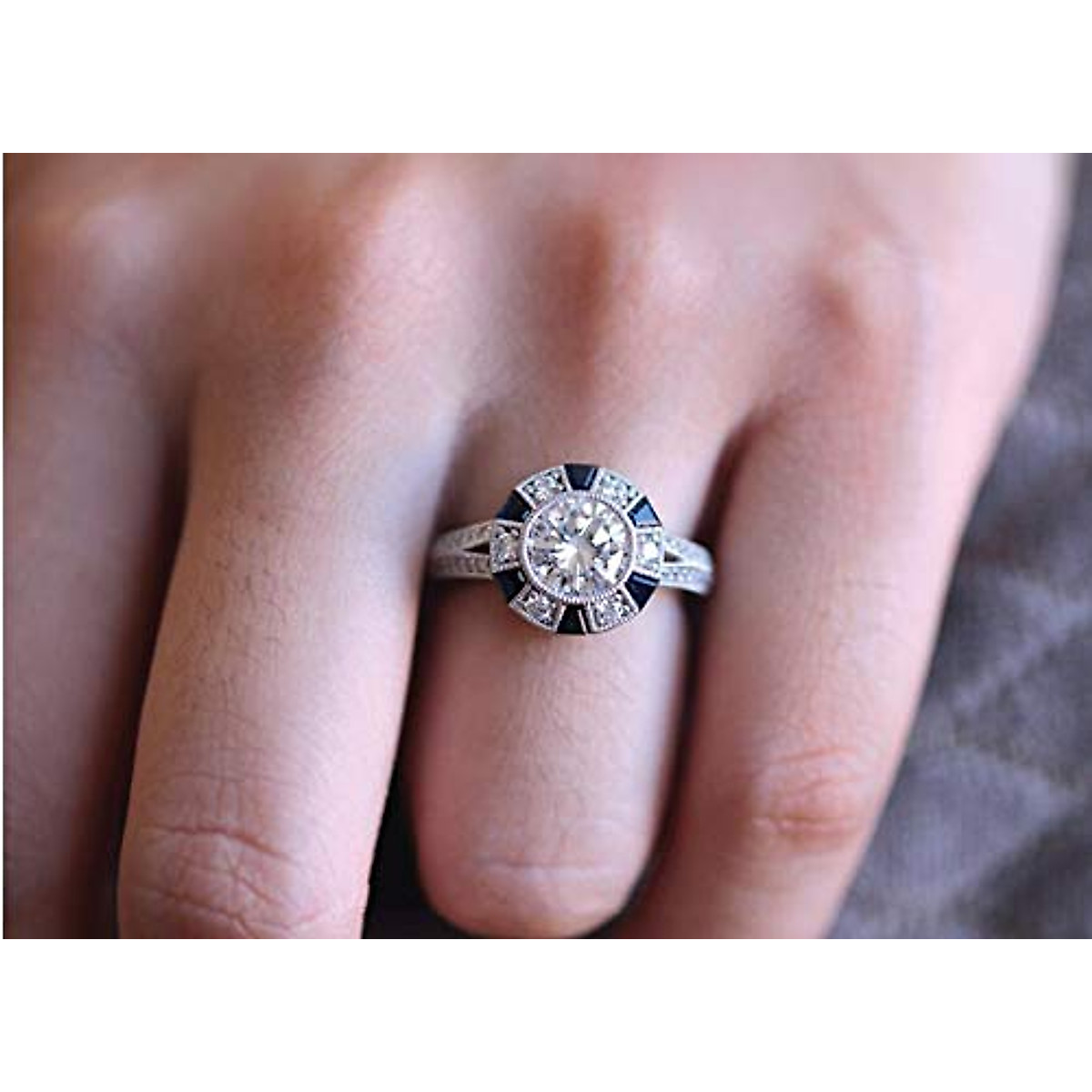 JENNIE SHOP Art Deco White Sapphire Wedding Engagement Ring 925 Silver Jewelry Size 6-10 (8)