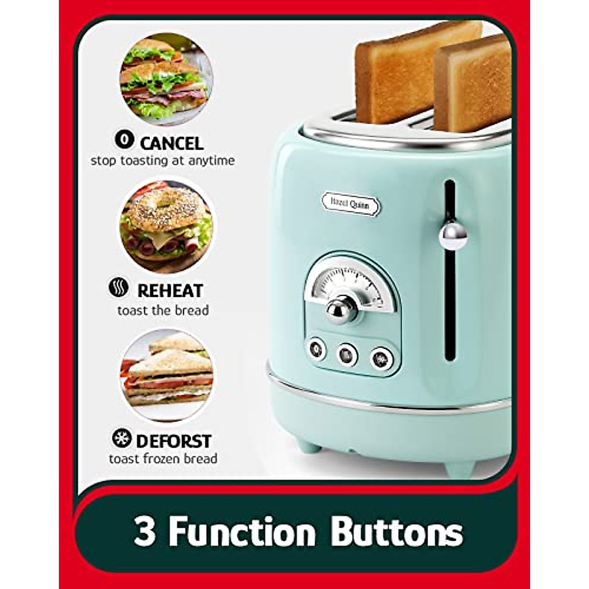 Hazel Quinn 2 Slice Retro Toaster, 6 Browning Levels, 3 Functions-Defrost/Reheat/Cancel, Removable Crumb Tray for Easy to Clean, 1.5 Inches Extra Wide Slots, Vintage Style, Mint Green