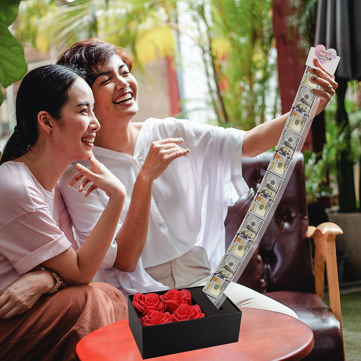 Money Box for Cash Gift Pull, Money Gift Boxes for Cash on Birthday, Christmas, Graduation, Mother's Day, for Husband, Wife, Girlfriend, Mother With Soap Rose Flower and Greeting Cards (Black+Red)