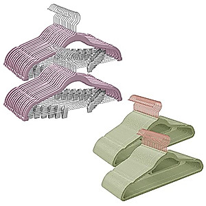 SONGMICS 30-Pack Pants Hangers and 50-Pack Clothes Hangers Bundle, Velvet Hangers with Adjustable Clips and Swivel Hooks, Space-Saving, Pale Purple and Pale Green UCRF012GP30 and UCRF021GR50