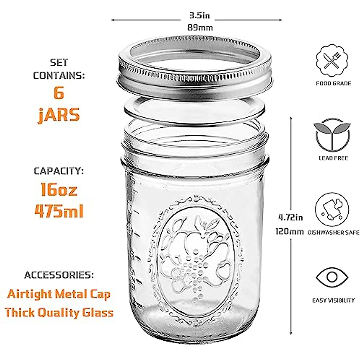 Wide Mouth Mason Jars 16 oz, 6 Pack Glass Mason Canning Jars with Metal Airtight Lids and Bands Containers for Fruit Storage, Overnight Oats, Meal Prep, Pickling, Preserving, Yogurt, Snack, Home Decor