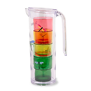 Kate Spade New York Nesting Pitcher Set with Water Pitcher and 4 Reusable Cups, 57oz Plastic Pitcher with Lid, 8oz Tumbler Cups, Dragonfly Flight