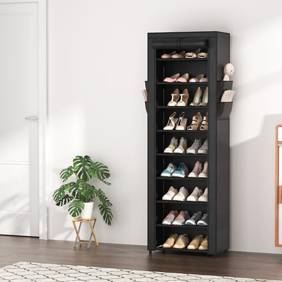 ROJASOP Shoe Rack with Covers, 10 Tier Shoe Organizer Narrow Shoe Storage Cabinet for 20-22 Pairs Shoes and Boots Tall Space Saving Shoe Shelf for Closet Entryway Garage Hallway Bedroom