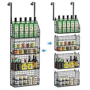 X-cosrack Over The Door Organizer - 4-Tier Pantry Door Organizer Hanging Storage Rack & Detachable And Foldable Metal Seasoning Spice Cabinet Door Storage Wall Basket With Hooks For Bathroom Kitchen