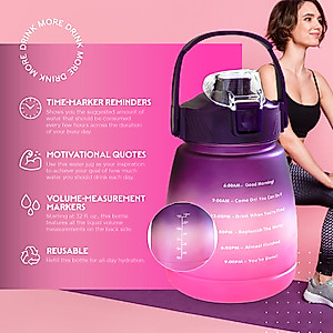 Mayim 32 oz. The Lantern Short Motivational Water Bottle with Removable Straw & Handle, BPA Free Leakproof Fitness Sports Water Jug with Time Marker Reminder, Ombre Two-Tone (Purple to Pink)