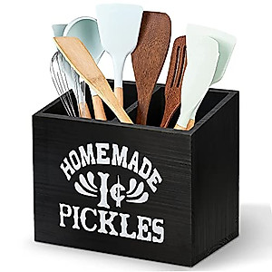 Y&ME YM Kitchen Utensil Holder, Wood Utensil Crock, Kitchen Utensil Caddy With 2 Compartments, Farmhouse Utensil Organizer Cookware Caddy, Rustic Utensil Organizer for Kitchen
