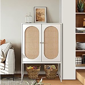 AWQM Natural Rattan 2 Door High Cabinet,Sideboard Buffet Cupboard Accent Cabinet,Adjustable Shelves,Free Standing Bookmatch,Easy Assembly,26.77" L x 15.75" W x 41.34" H,White