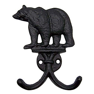 Rustic Black Bear Cast Iron Double Wall Hooks, Set of 3, 5.25 Inches