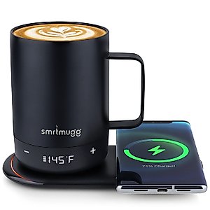 SMRTMUGG Create Heated Coffee Mug, Large 14 OZ, 5 Hour Battery Life, Precision Temperature Adjustment, Battery Powered Heated Coffee Mug Warmer, w/Dual Wireless Charging Pad Phone Charger (Black)