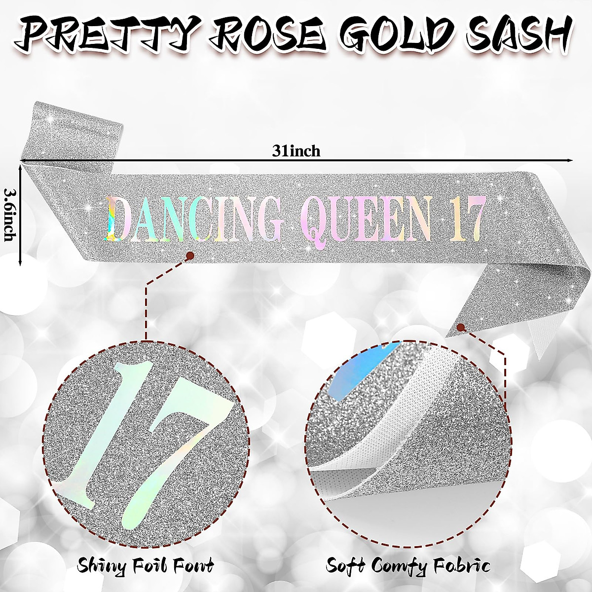 Crowye 17th Dancing Queen Gifts Dancing Queen 17 Cake Topper 17th Tiara Crown Sash Candles 17 Birthday Decorations for Party Accessories(Silver)