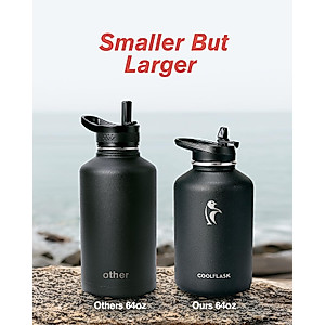 Coolflask 64 oz Insulated Water Bottle with Strap & Sleeve, Half Gallon Water Jug 3 Lids Stainless Steel Multifunctional Flask BPA-Free, Keep 48H Cold 24H Hot, Compact Yoga/Gym Bottle, Black