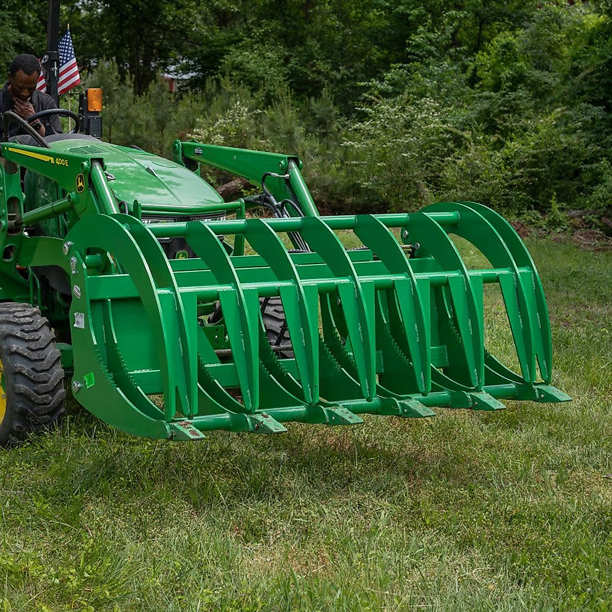 Titan Attachments 72" HD Root Grapple Rake Attachment Fits John Deere Hook and Pin Connection, Recommended for Series 4 Tractors, Twin 3,000 PSI Cylinders, Carry Rocks, Logs, Brush, Debris