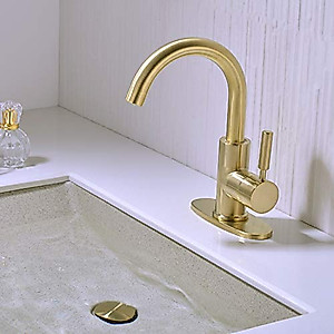 Single Handle Bathroom Lavatory Sink Faucet Mixer,Basin Faucet with Pop-up Sink Drain and Deck Plate,Bar Sink Faucet,Brushed Gold